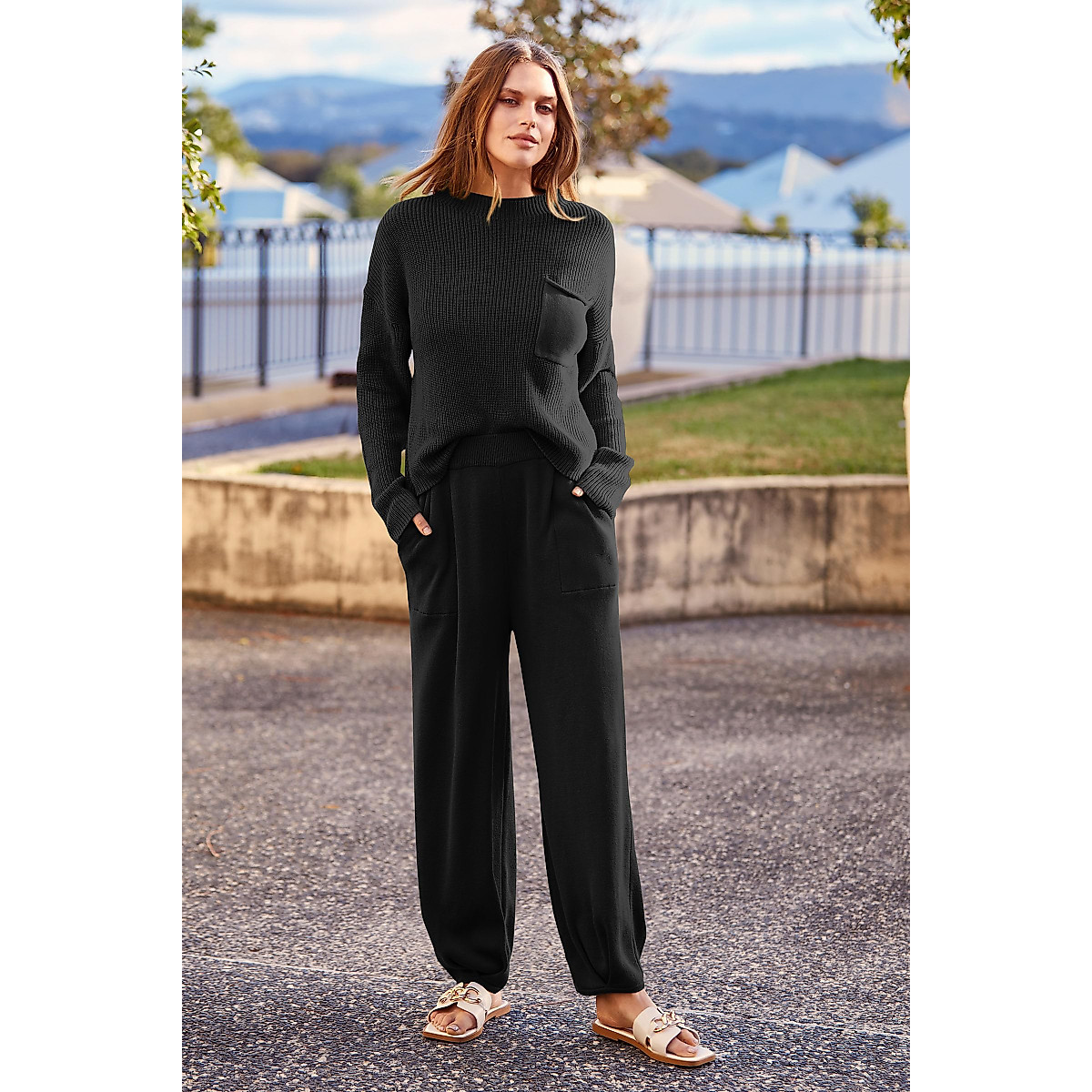 PRETTYGARDEN Women's Winter 2 Piece Sweater Set Casual Pullover Top High Waisted Sweatpants Tracksuit Lounge Outfits (Black,Medium)