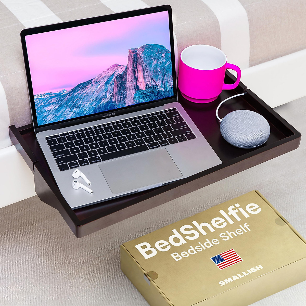 BedShelfie Bedside Shelf for Bunk Bed & Top Bunk, College Dorm Room Essentials, Loft Nightstand, Floating Bed Side Table Tray Storage, Dorm Room Decor, College Dorm Essentials - Black Wood Plus