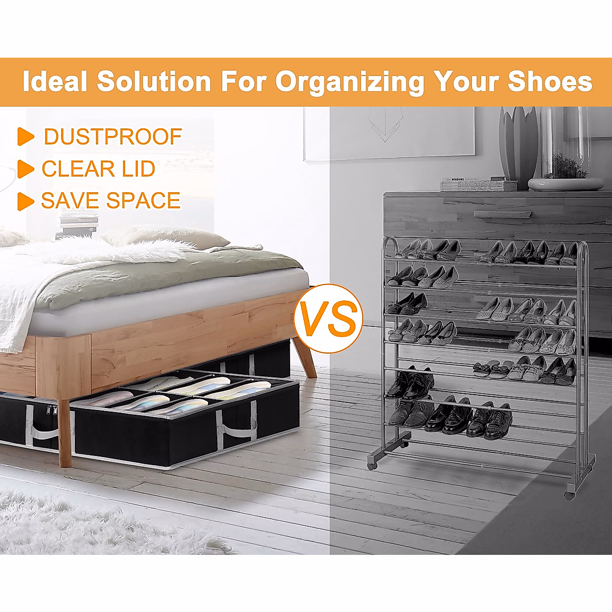 punemi Under Bed Shoe Storage Organizer, Adjustable Velcro Shoe Organizer Under Bed With Bottom Support & 3 Sturdy Handles, Underbed Shoe Organizers For Closet Boot, Sneakers, Heels, Set Of 2