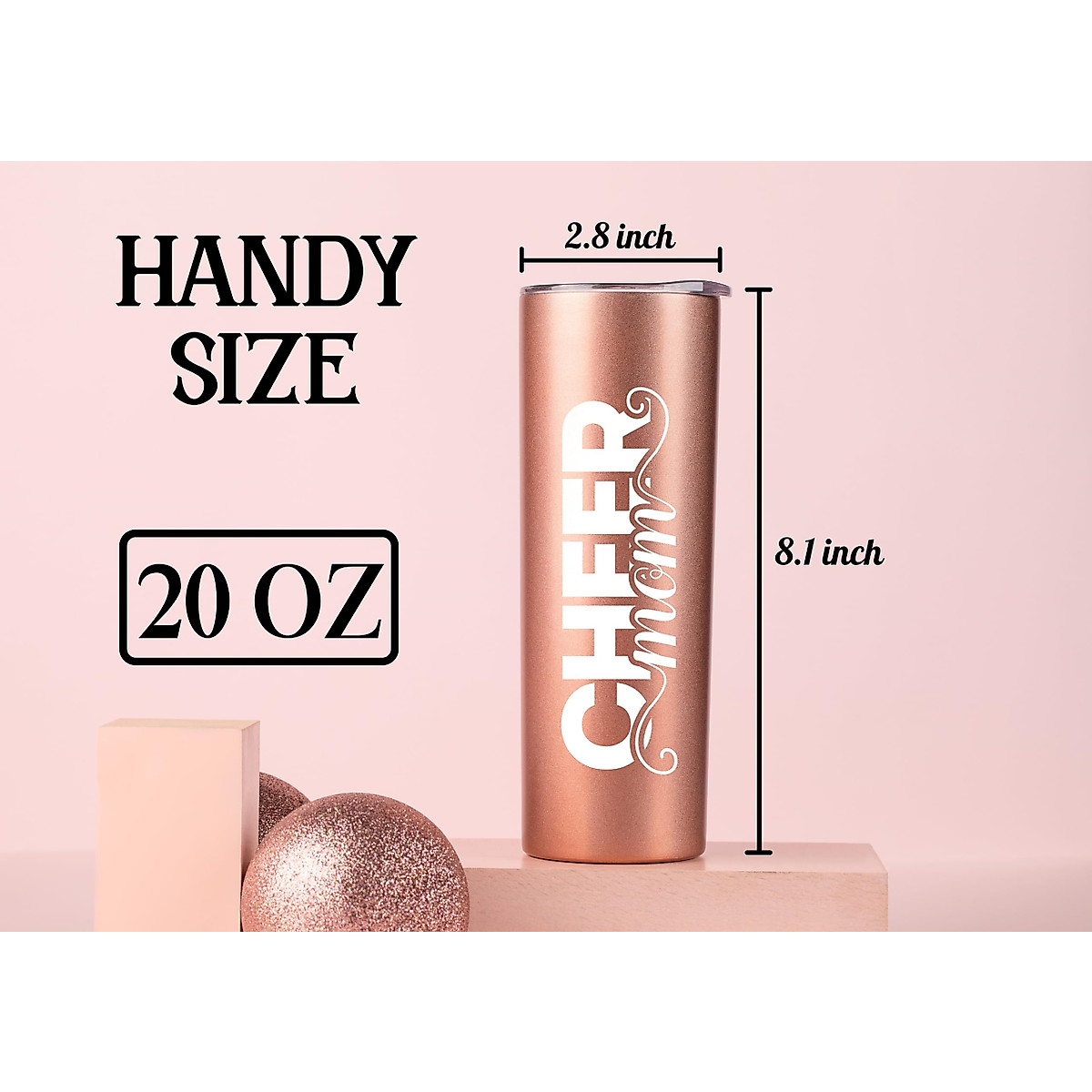 Onebttl Cheer Mom Gifts For Women, Her, Female - 20oz/590ml Stainless Steel Skinny Insulated Tumbler with Straw, Lid - Gift for Cheerleading or Cheerleader Coachs - Rosegold