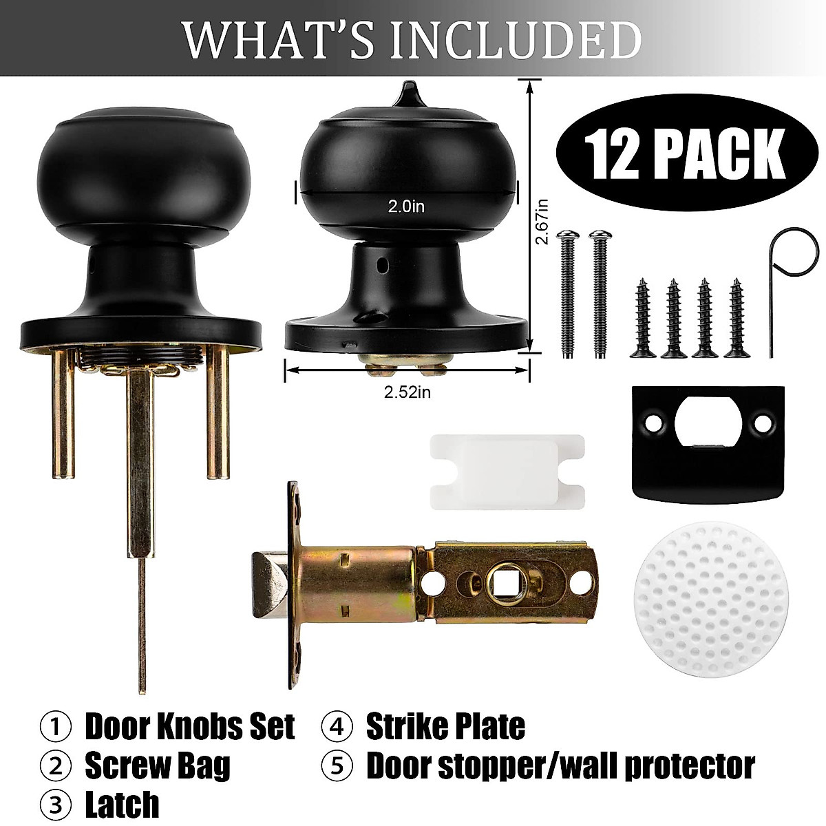 AMZKONIG 12 Pack Matte Black Privacy Door Knobs Keyless Interior/Exterior Doorknobs Lockset with Hardware Instruction and Wall Protector for Bedroom Bathroom