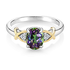 Gem Stone King 2-Tone 10K Yellow Gold and 925 Sterling Silver Green Mystic Topaz and White Lab Grown Diamond Women Ring (1.65 Cttw, Available in Size 5,6,7,8,9)
