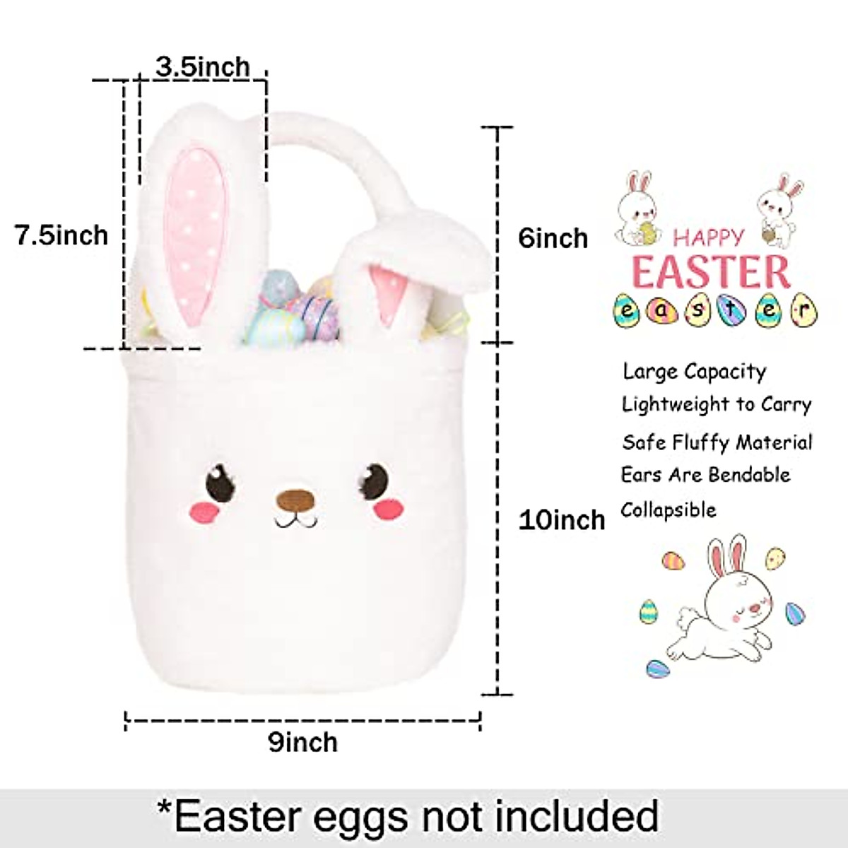 Bunny Easter Basket for Kids, Cute Plush Empty Bucket with Foldable Ears and Handle Egg Hunt Tote Candy Bag Basket for Boy Girl Teens Gift, Easter Basket Decor White 9×9 Inch