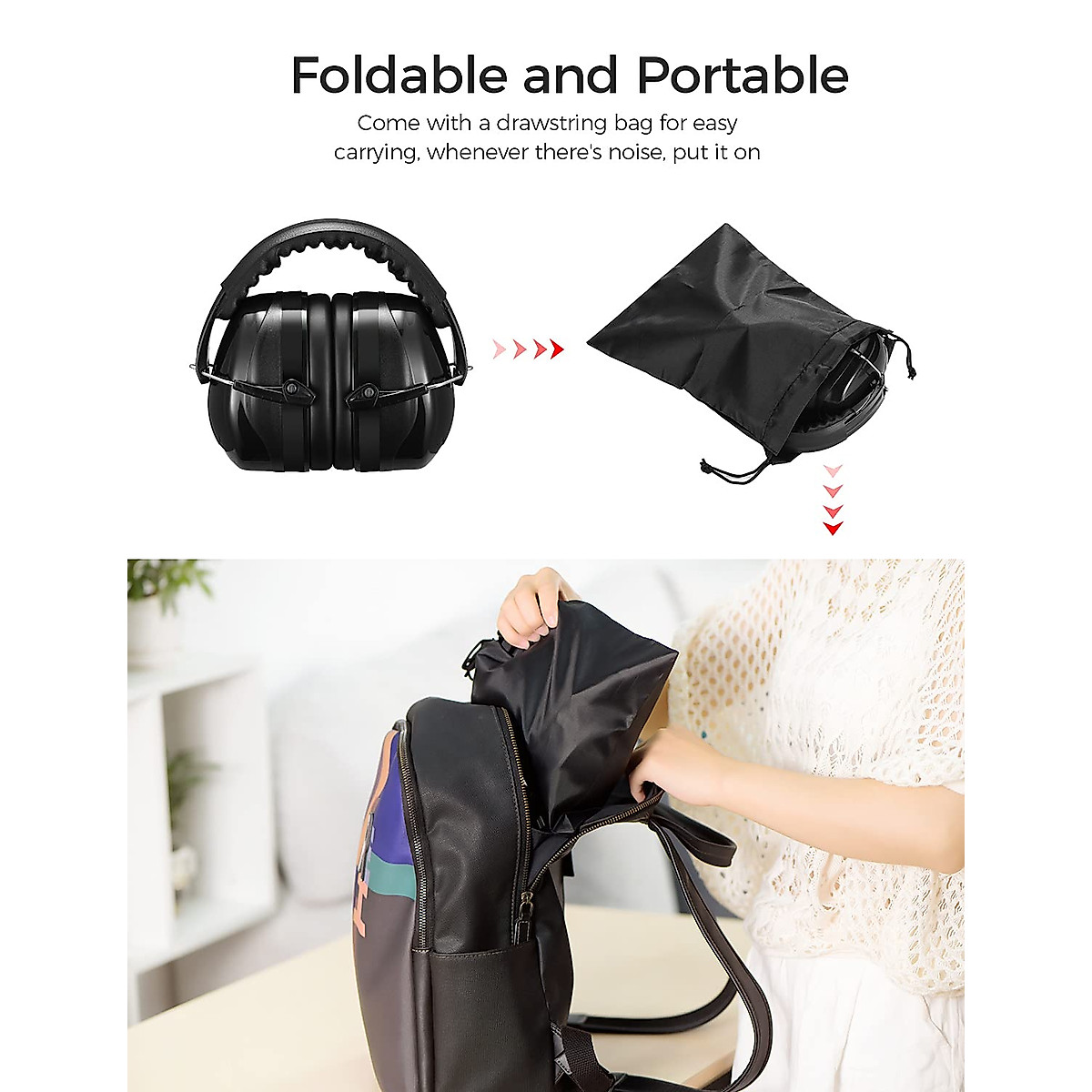 Wowteech Ear Protection Safety Muffs, NRR 28dB Earmuffs for Hearing Protection, with Padded Headband, Compact Foldable Defenders Shooting, Hunting, Mowing, Construction, a Carrying Bag, Black, Large