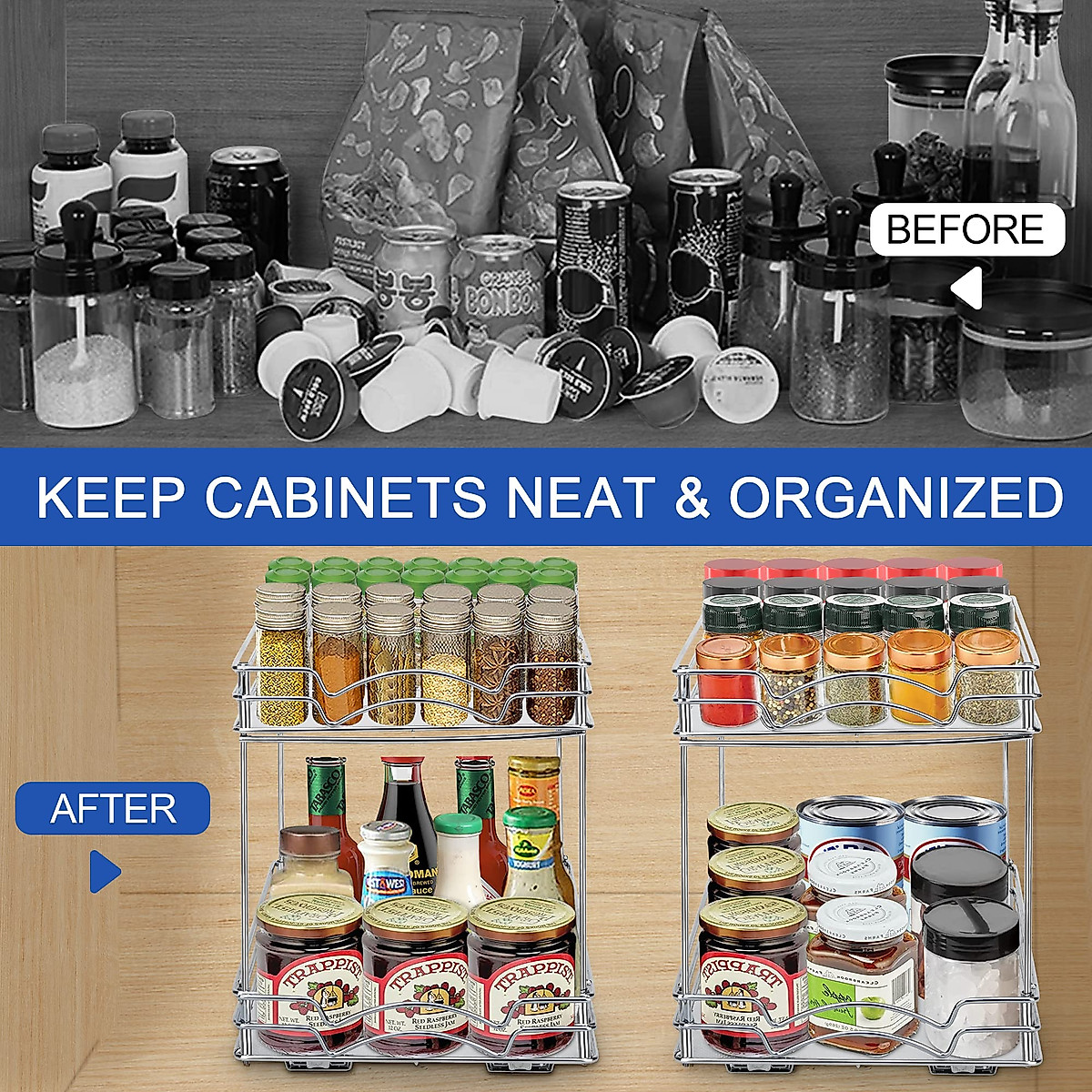 Uoxfill Pull Out Spice Rack Organizer for Cabinet - 2 Tier Sliding Vertical Spice rack, 9 Inch Wide Slide Out Spice Rack Fits 9.3 Inch Wide Cabinet, Chrome