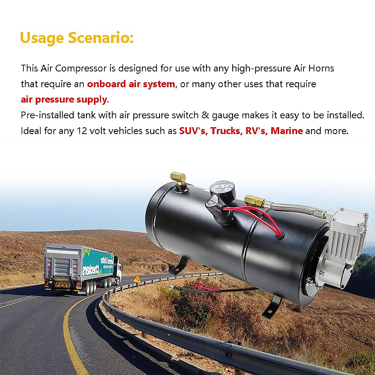 DC 12V MAX 150PSI Air Compressor with 3 Liter Tank 0.8 Gallon | Fit for Train Truck Horns Motorhome Tires | Inflator Air Compressor with 3L Tank Train Air Horn Kit