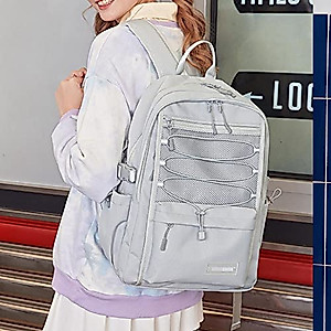 Laptop Bag 15.6 Inch Large Backpacks for Work Backpack for Women Travel Bag Mesh Pockets Cute School Bags Aesthetic Daypack (Grey)