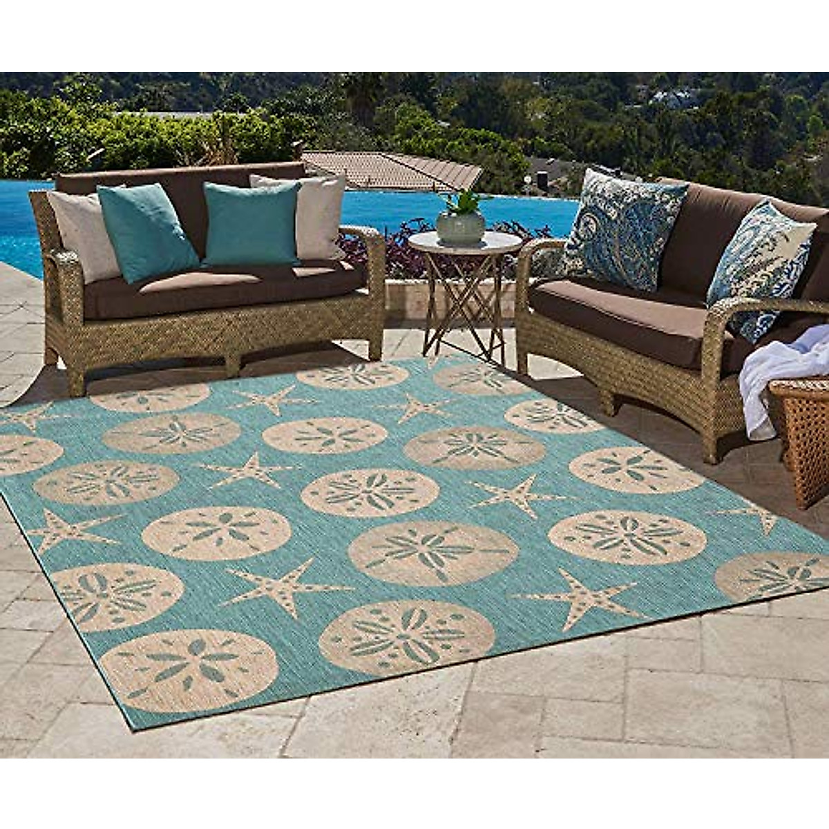 Gertmenian Indoor Outdoor Area Rug, Classic Flatweave, Washable, Stain & UV Resistant Carpet, Deck, Patio, Poolside & Mudroom, 5x7 Ft Standard, Sand Dollar Starfish, Oasis Green, 21268