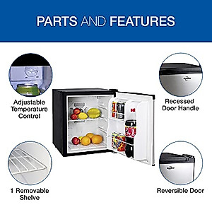 Koolatron Stainless Steel Compact Fridge with Freezer, 1.6 Cubic Feet (44 L) Capacity, Silver and Black, for Snacks, Frozen Meals, Beverages, Juice, Beer, Den, Dorm, Office, Games Room, or RV