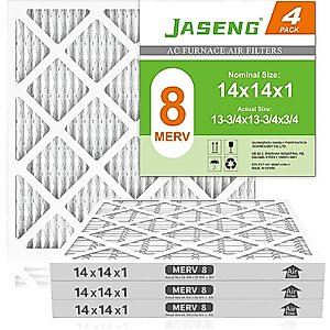 14x14x1 AC Furnace Air Filters, MERV 8 Dust Defense (4-Pack), JASENG MPR 600 Pleated HVAC Air Filter Replacement (exact dimensions: 13 3/4"x13 3/4"x3/4")