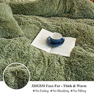 XeGe Plush Shaggy Duvet Cover Set, Luxury Soft Crystal Velvet Fluffy Furry Bedding Sets 3 Pieces(1 Faux Fur Fuzzy Comforter Cover + 2 Faux Fur Throw Pillow Shams), Zipper Closure (Queen, Sage Green)