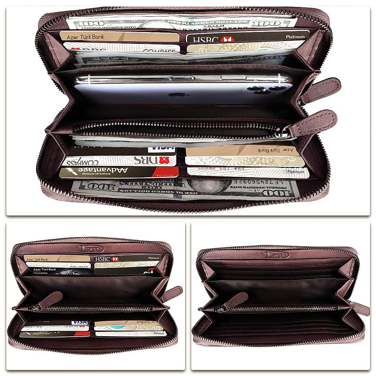 LRTO Genuine Leather Wallets for Women Zip Around Wallet Purse RFID-Blocking Retro Handmade Clutch Money Clip Card Organizer (Coffee)