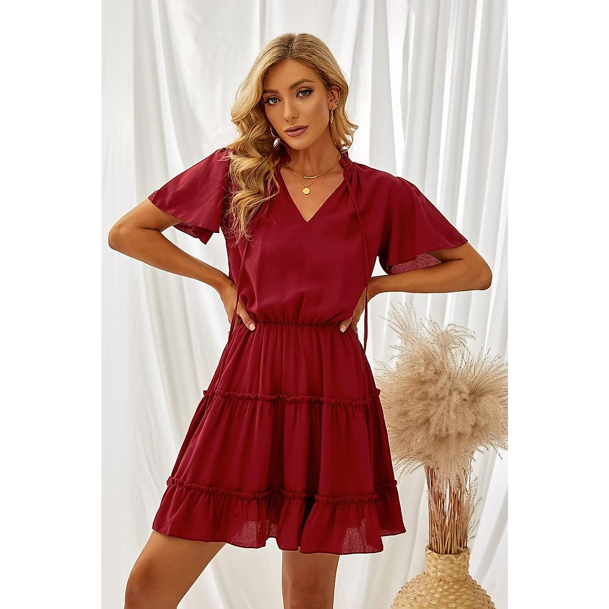 Dokotoo Womens Juniors Cute Spring Casual Summer Sexy Deep V Neck Ruffle Chiffon Lantern Short Sleeve Elegant Empire Waist Flowy Pleated Mini Short Skirt Dresses for Women Party 2025 Wine Small