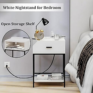 Facofaco White Nightstand with Charging Station and USB Ports, 3-Tier End Table with Wood Drawer Storage Shelf, Tall Small Bed Side Table for Small Spaces Living Room, Bedroom