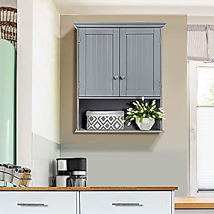 GLACER 2-Door Bathroom Medicine Cabinet, Hanging Sorage Cabinet with Open Shelf, Kitchen Laundry Wall Cabinet with Adjustable Shelf, 23.5 x 8 x 28 inches (Grey)