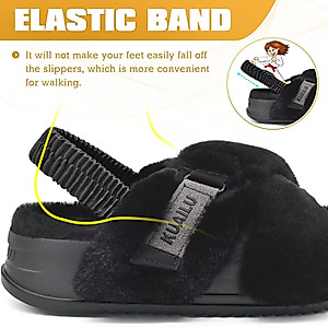 KuaiLu Womens Fuzzy Criss Cross Band Platform Slippers Back Strap Arch Support Furry Faux Fur Ladies Open Toe Slingback Slide Cozy Soft Plush Fleece Comfy House Shoes Sandals Indoor Outdoor Black 8