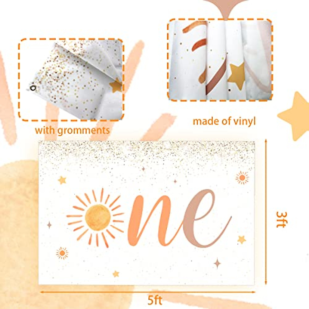 First Trip Around The Sun Decoration- Boho Sun One Backdrop Decoration,1st Birthday Sun Photo Props Background Banner for Baby Girl Boys' Baby Shower-5×3ft