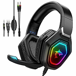 Wlevzzor Gaming Headset with Microphone PS5 Headset with Noise Canceling Mic RGB LED Light, Stereo Surround Sound Over Ear Gaming Headphone for PS5 PS4, Switch,Xbox One,Laptops,PC,Phones