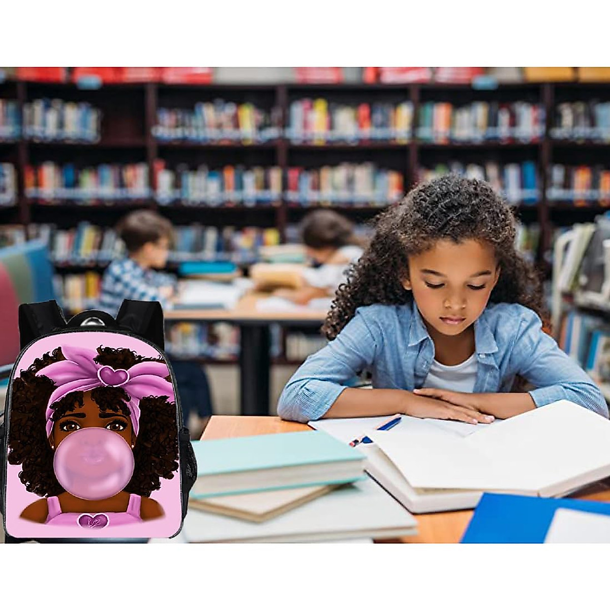 AHHXQQN African girl three piece backpack set cute black girl backpack suitable for teenage female students 16 inches