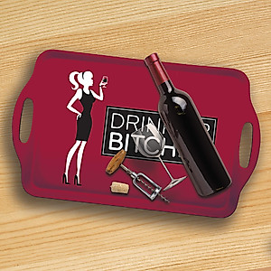Chris's Stuff Wine Serving Tray with Handle 18.8 x 11.8 Inch - 100% Melamine Food Safe (Drink Up Bitches)