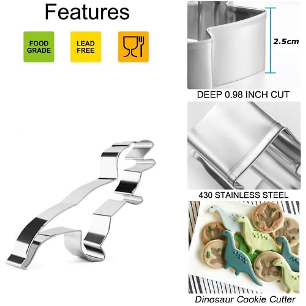 Crethinkaty Dinosaur Cookie Cutters Set for Baking 5 Pieces Biscuit Cutters Stainless Steel