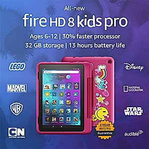 All-new Amazon Fire HD 8 Kids Pro tablet, 8" HD display, ages 6-12, 30% faster processor, 13 hours battery life, Kid-Friendly Case, 32 GB, (2022 release), Rainbow Universe