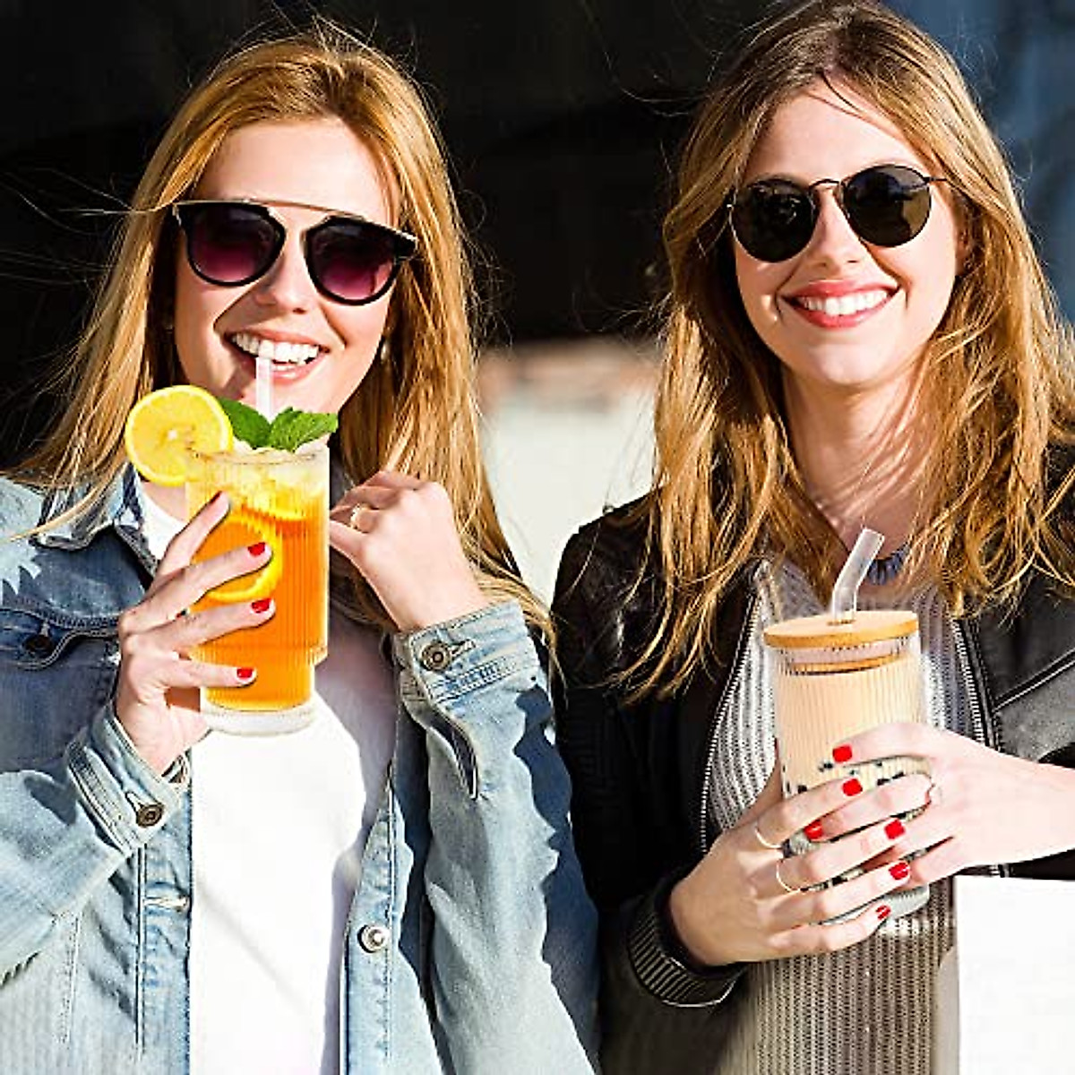 Rantonly 4Pack Ribbed Glass Cups 16oz with Bamboo Lids and Straws, Drinking Glasses Tumbler Cups-Reusable, Vintage Glass Cups, Elegant Ribbed Glassware for Beer Smoothie Whiskey