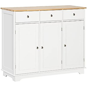 HOMCOM Sideboard Buffet Cabinet with Drawers, Kitchen Cabinet, Coffee Bar Cabinet with Rubberwood Top and Adjustable Shelves for Living Room, Kitchen, White