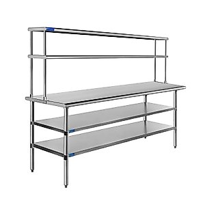 24" x 60" Stainless Steel Work Table with Two Shelves and 12" Wide Double Tier Overshelf | Metal Kitchen Prep Table & Shelving Combo