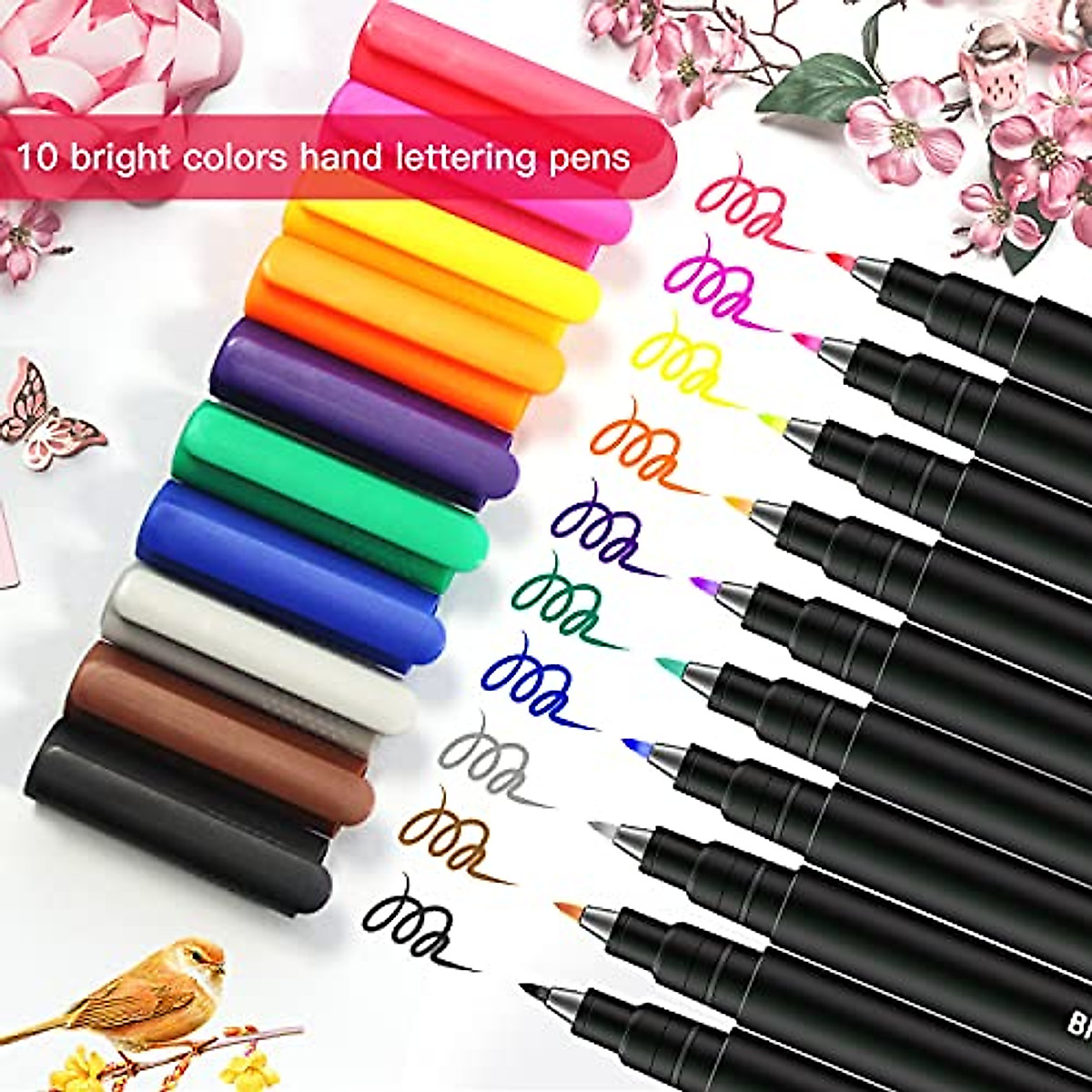 Piochoo Calligraphy Pens,10 Refill Colors Brush Markers Hand Lettering Pens for Beginners, Hand Writing, Drawing, Sketching, Journaling, Illustrations