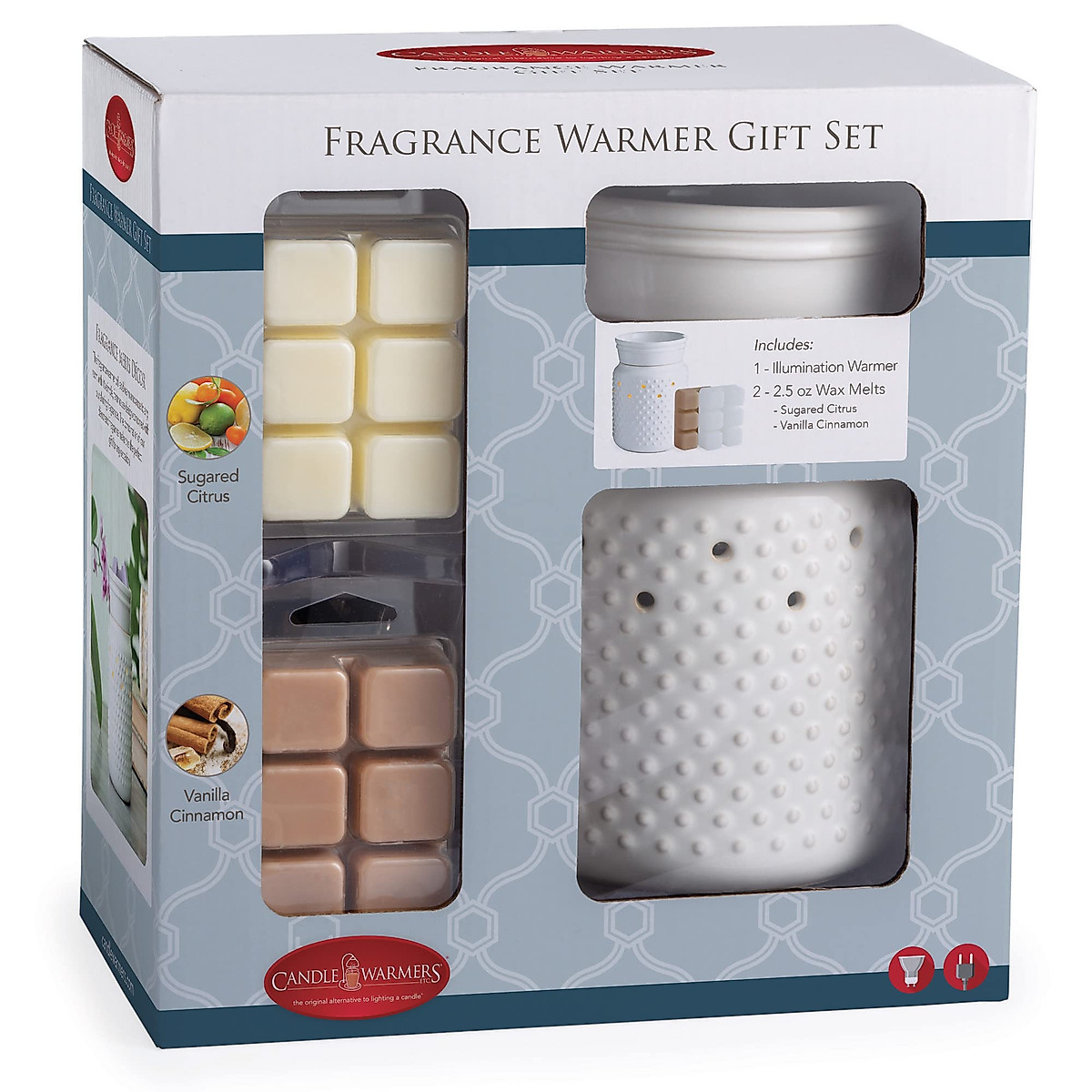 CANDLE WARMERS ETC Illumination Fragrance Warmer Gift Set, White Hobnail with Vanilla Cinnamon and Sugared Citrus