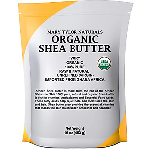 Mary Tylor Naturals Organic Shea butter 1 lb — USDA Certified Raw, Unrefined, Ivory From Ghana Africa — Great for Hair, Skin and all your DIY Projects