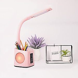 wanjiaone LED Desk Lamp with Clock,Color Changing Nightlight,Study Lamp with Pen Holder,Desk Light with USB Charger,Table Light for Home,Office,Gift for Kids,Students,Women,3 Brightness Levels,Pink