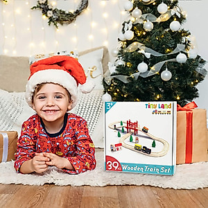 Tiny Land 74 Pcs Wooden Train Set with Battery Operated Train & Wooden Tracks -fits Thomas, fits Brio, fits Chuggington, fits Melissa and Other Major Brands for Kids Toys for 3+ Years