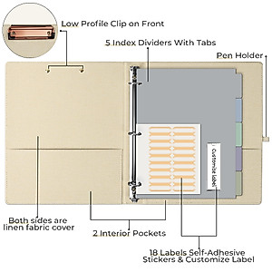 EYROZILL 3 Ring Binder, 1 Inch Linen Binder Organizer for Letter Size (8.5" x 11") with 5 Tab Dividers, File Folder Labels and Low Profile Clipboards, School and Office Supplies- Tulip White