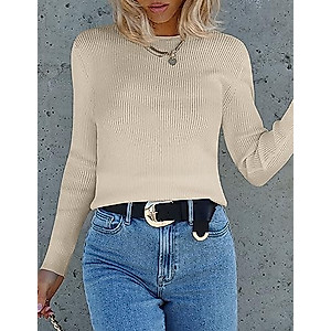 ZESICA Women's Long Sleeve Crewneck Shirts 2023 Fall Clothes Ribbed Knit Sweaters Slim Fitted Casual Basic Tee Tops,Almond,Large