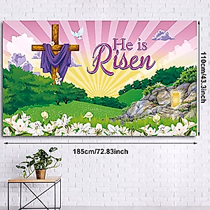 Happy Easter Day Decorations He Is Risen Backdrop Photography Banner, Large Fabric Easter Cross Religious Backdrop Background for Jesus Easter Spring Party Decorations, 72.8 x 43.3 Inch