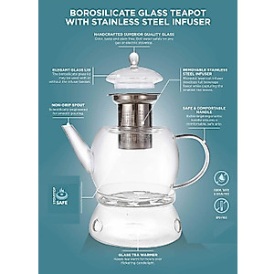 Teabloom Prague Glass Tea Maker & Warmer Set – Large Capacity (45 oz) – Heatproof Borosilicate Glass Teapot with Removable Stainless Steel Loose Tea Infuser – Stovetop Safe Kettle