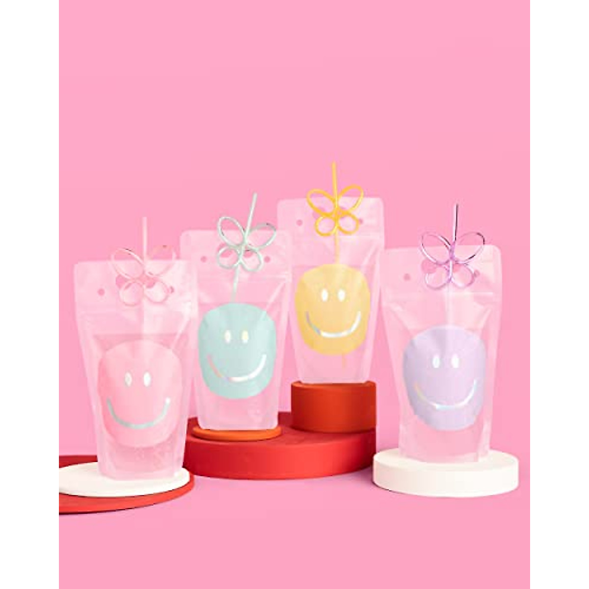 xo, Fetti Smiley Drink Pouches + Butterfly Straws - 16 count | Bday Cups, Happy Pastel Birthday Party Decorations, Cute Bachelorette Party, Cool Drinkware