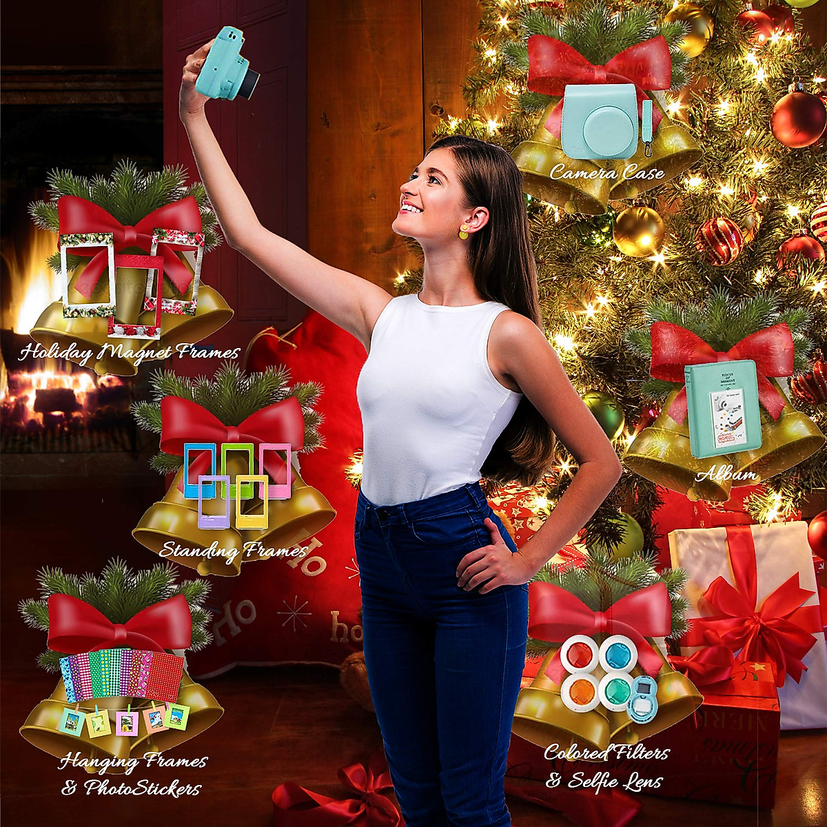 Fujifilm Instax Mini 9 Instant Camera with Accessories | Bundle of Soft Leather Case + Mini Photo Album + 6 Christmas Magnet Frames + 4 Colored Lenses + Selfie Lens + 10 Photo Frames + Stickers + More