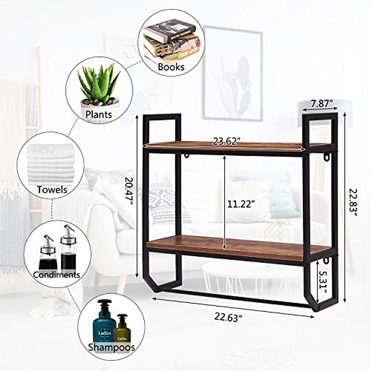 Kinsuite 2-Tier Metal Industrial Wall Mounted Bathroom Shelves Rustic Wall Storage Rack Over Toilet with Towel Bar, Floating Shelves Towel Holder