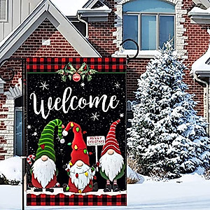 Merry Christmas Garden Flag 12x18 Double Sided,Holiday Winter Garden Flag,Gnomes Welcome Yard Flags for Outside, Yard Decorations Outdoor Buffalo Plaid (Christmas)