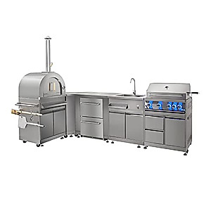 SINDA 7 Piece Modular Outdoor Kitchen Suit, w/Pizza Oven, 4 Burner Natural Gas Grill, BBQ Grill Cabinet, 24" Fridge Drawer, Appliance Cabinet, Sink Cabinet, Coner Cabinet (with Natural Gas Kit)