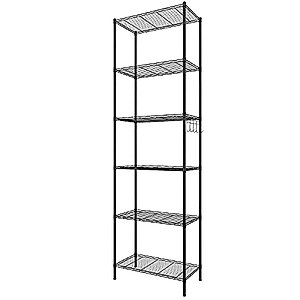 Himimi 6-Tier Wire Shelving Unit, Adjustable Metal Storage Rack with Wire Shelves, Versatile Wire Shelving Rack for Tall and Narrow Storage, Steel Storage Shelves for Organization & Side Hooks, Black