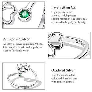 MUNDELL 925 Sterling Silver Simple Four Leaf Clover Adjustable Ring Green Zircon Lucky Statement Rings for Women Stacking Rings Fashion Jewelry