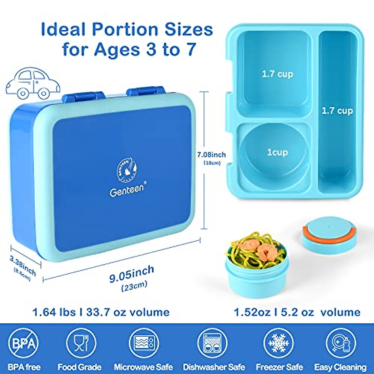 Genteen Premium Kids Lunch Box - Kids Chill Bento Box with 3 Compartments and Removable Ice Pack for Measl and Snacks,Toddler Lunch Box for Daycare,School,Leak-Proof,BPA-free,Dishwasher-Blue