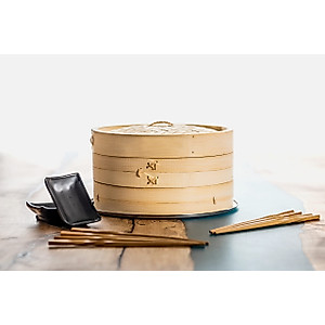 Chok Dee Goods Bamboo Steamer Premium Set, Stainless Steel Cooking Ring Included, 1 10" 2 Tier Basket, 1 Stainless Steel Cooking Ring, 4 Sets of Chopsticks, 4 Reusable Silicone Liners, 2 Sauce Dishes