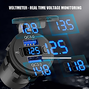 Hapytrip 12 Volt USB Outlet Dual Quick Charge 3.0 Port and PD3.0 USB C Car Battery Chargers Socket, Waterproof 12V Power Outlet Cigarette Lighter Replacement DIY Kit with Voltmeter and Switch for Boat