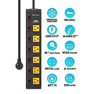 Power Strip with Individual Switches and Flat Plug, CRST 6-Outlet Metal Heavy Duty Surge Protector (1200 Joules), 6-Feet 14AWG Cord with Hook and Loop Fastener, 15A Circuit Breaker