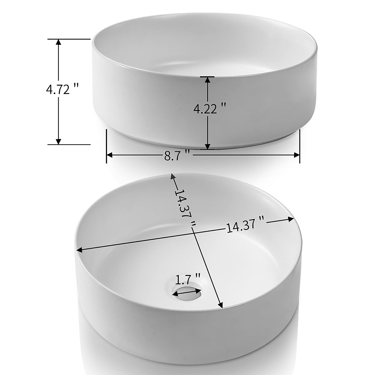 Bathroom Vessel Sink - SENTANI 14.4" Round Modern Above Counter Bathroom Sink - Porcelain Ceramic Vessel Vanity Sink Art Bowl Basin - Matte White